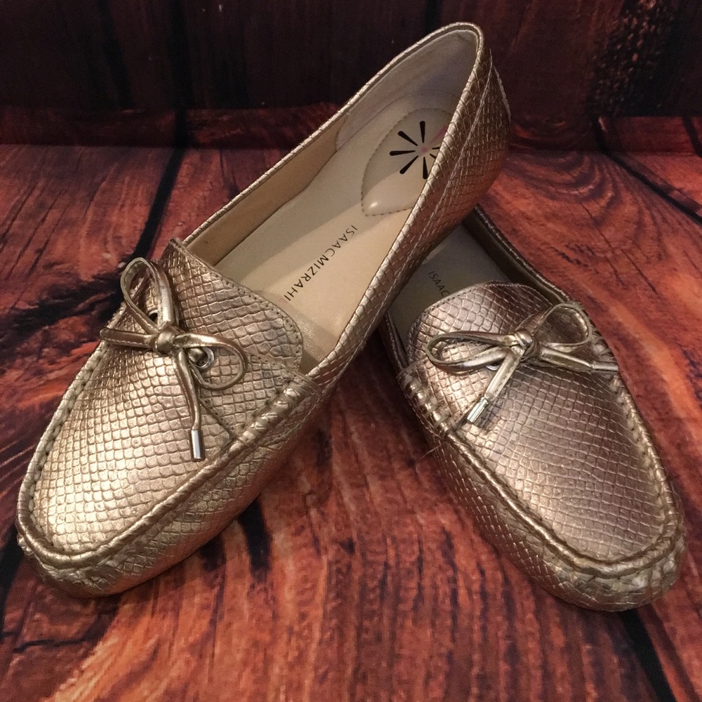 Isaac Mizrahi Gold Leather Python Moccasins Size 8 - Gem